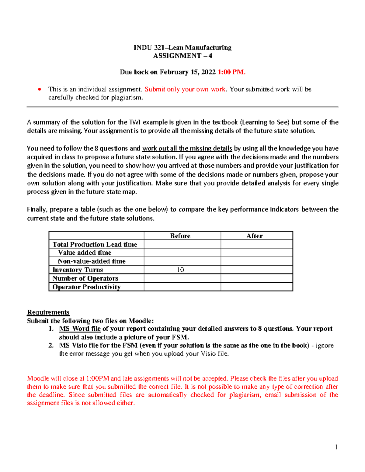 Assignment 4 2022 Question - 1 INDU 321–Lean Manufacturing ASSIGNMENT ...
