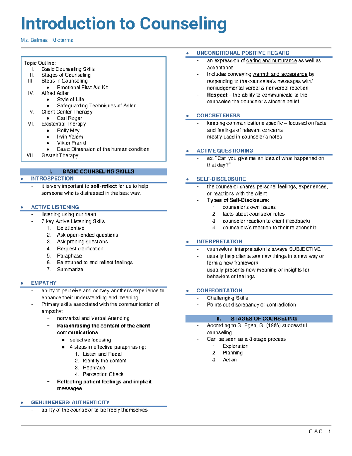 COUN midterms - Ms. Belmes | Midterms Topic Outline: I. Basic Counseling Skills II. Stages of ...