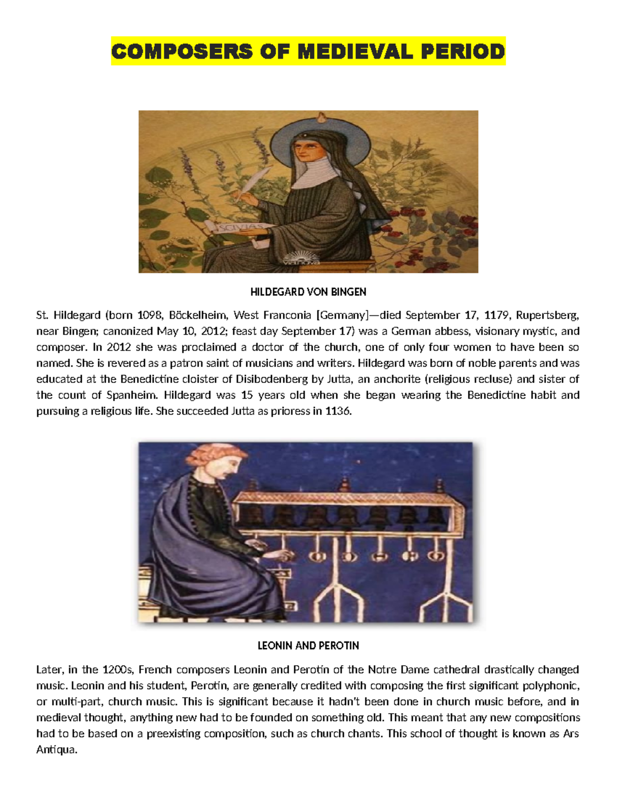 Composerssssss - Notes - COMPOSERS OF MEDIEVAL PERIOD HILDEGARD VON ...