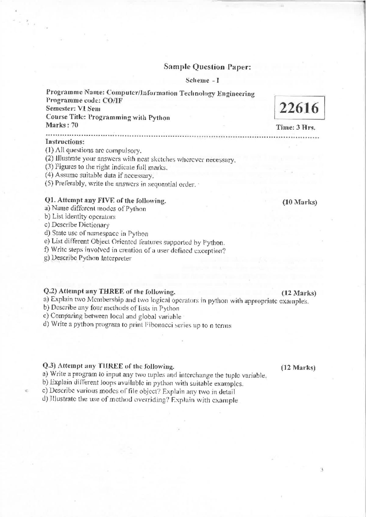 22616 - Python sample question paper. MSBTE exam sample question paper ...
