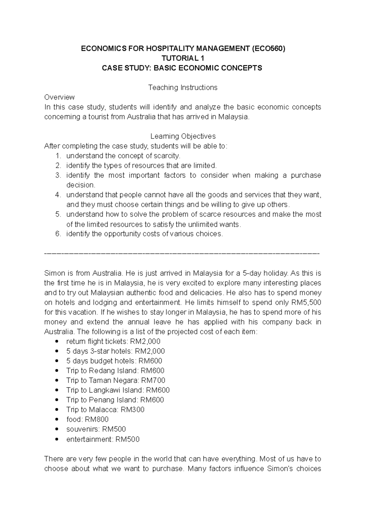 THE CASE OF A Tourist FROM Australia - ECONOMICS FOR HOSPITALITY ...