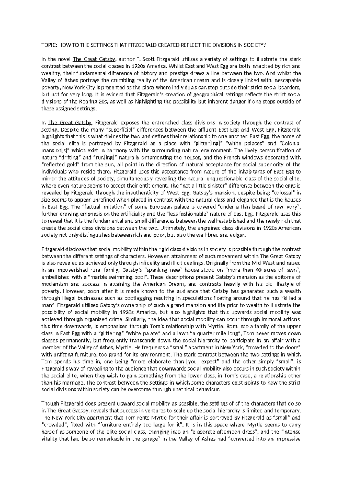 the great gatsby text analysis: how does setting reflect the divisions ...