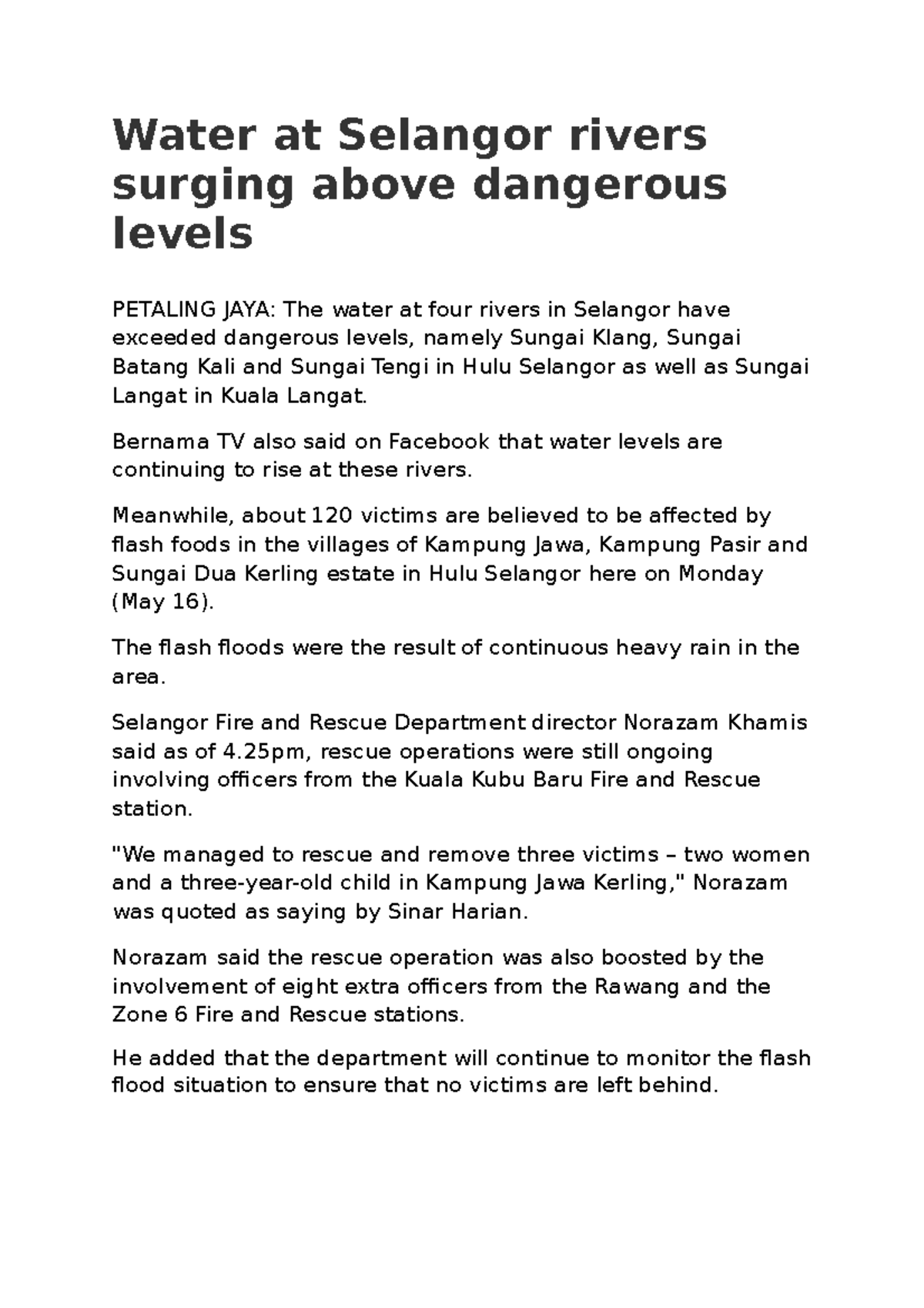 News 17 - none - Water at Selangor rivers surging above dangerous ...