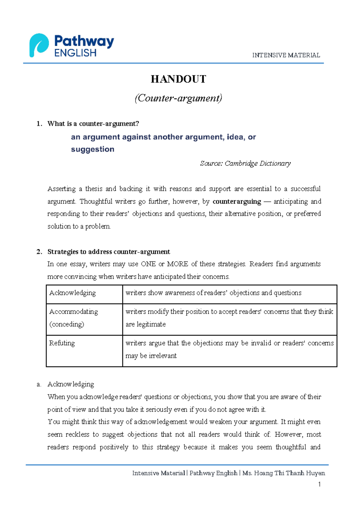 Counter-argument - Critical Thinking - HANDOUT (Counter-argument) 1 ...