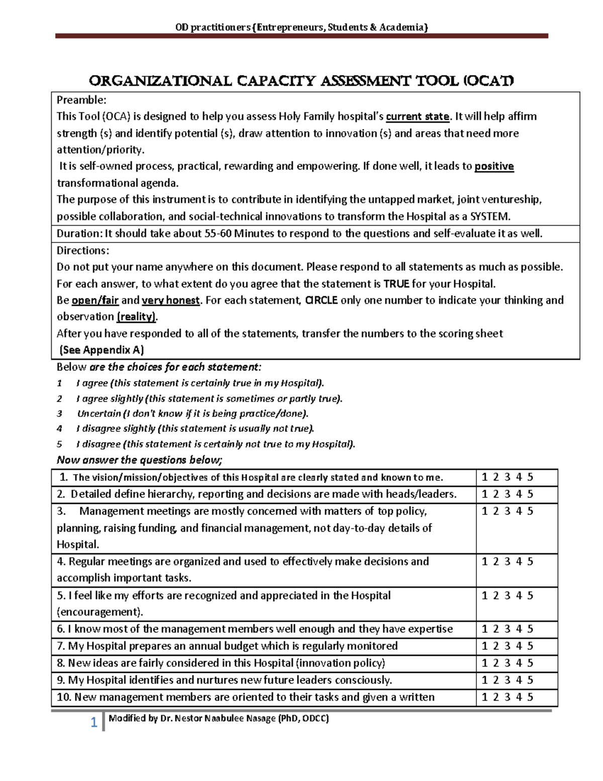 Assessment TOOL- Hospitals - Modified by Dr. Nestor Naabulee Nasage ...