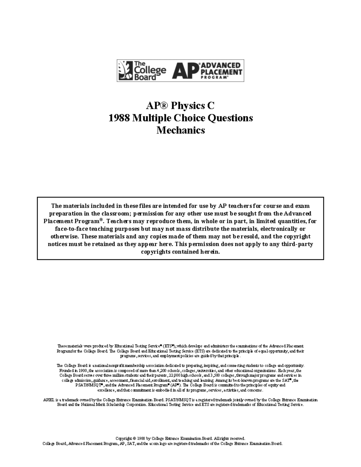 Pdf. AP Physics C~ Mechanics AP Exam 1988 - Copyright © 1988 by College ...