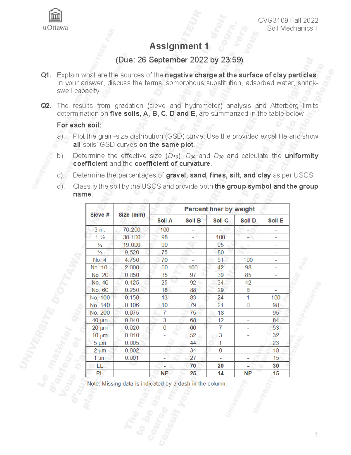 CVG3109 Assignment 1 F2022 - CVG3109 Fall 2022 Soil Mechanics I 1 Assignment 1 (Due: 26 ...