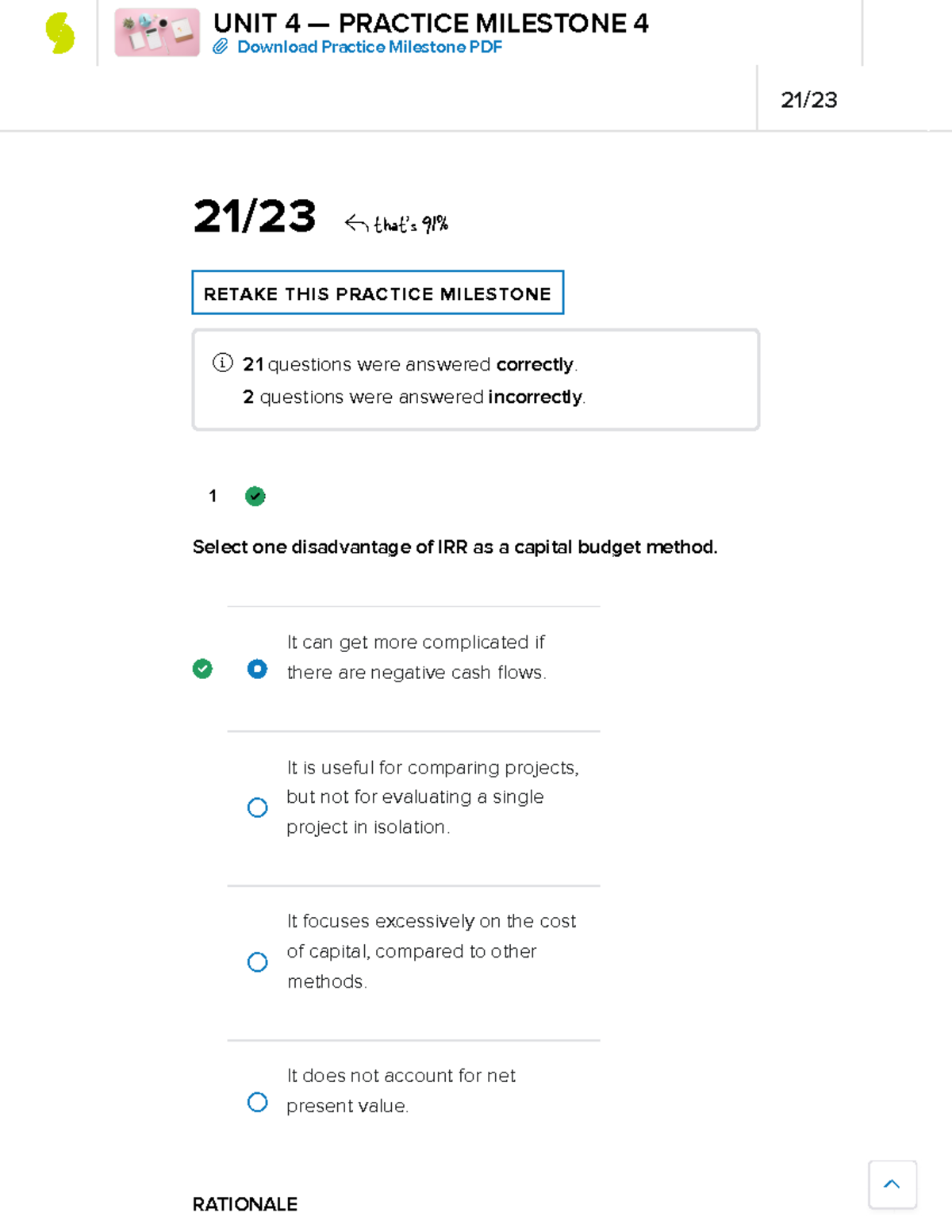 Fin1001 unit 4 practice milestone - 1 21/23 that's 91% RETAKE THIS ...