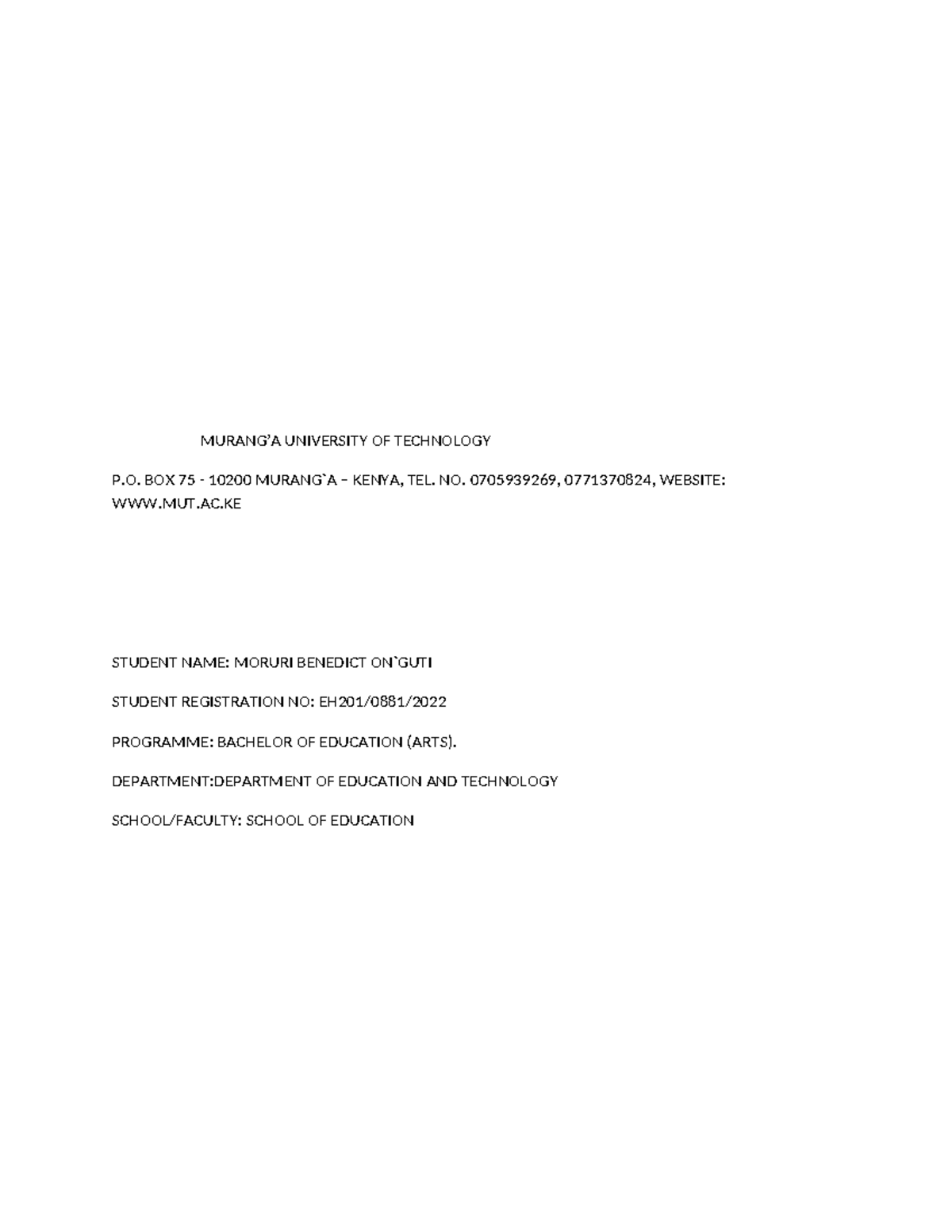 Declaration practicum - MURANG’A UNIVERSITY OF TECHNOLOGY P. BOX 75 - 10200 MURANG`A – KENYA ...