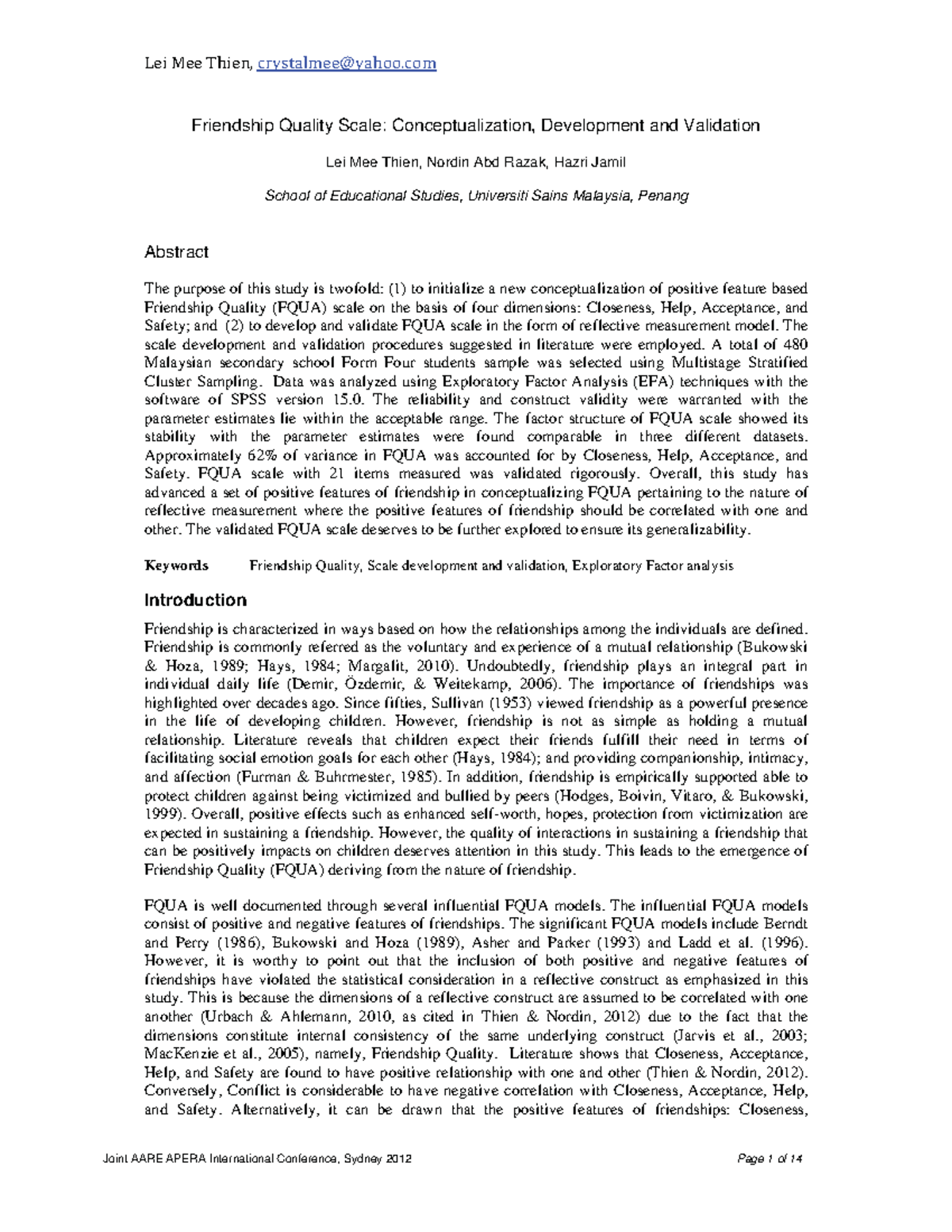 Friendship Quality Scale - Conceptualization, Development and ...