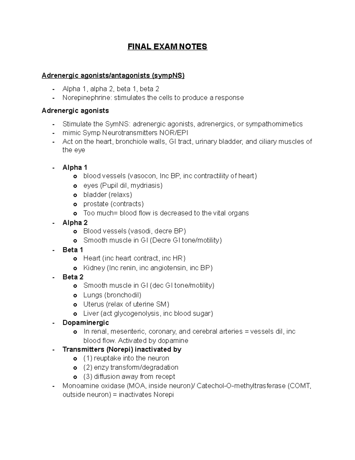 Pharm Final EXAM Notes - FINAL EXAM NOTES Adrenergic agonists ...