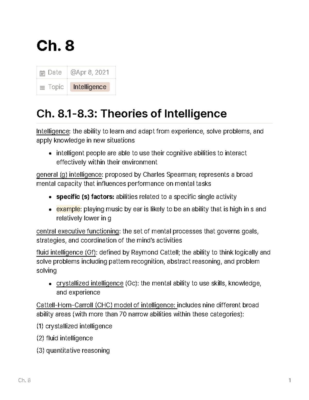 Lecture notes - Ch. 8 - Ch. 8 Date Topic Intelligence Ch. 8.1-8 ...