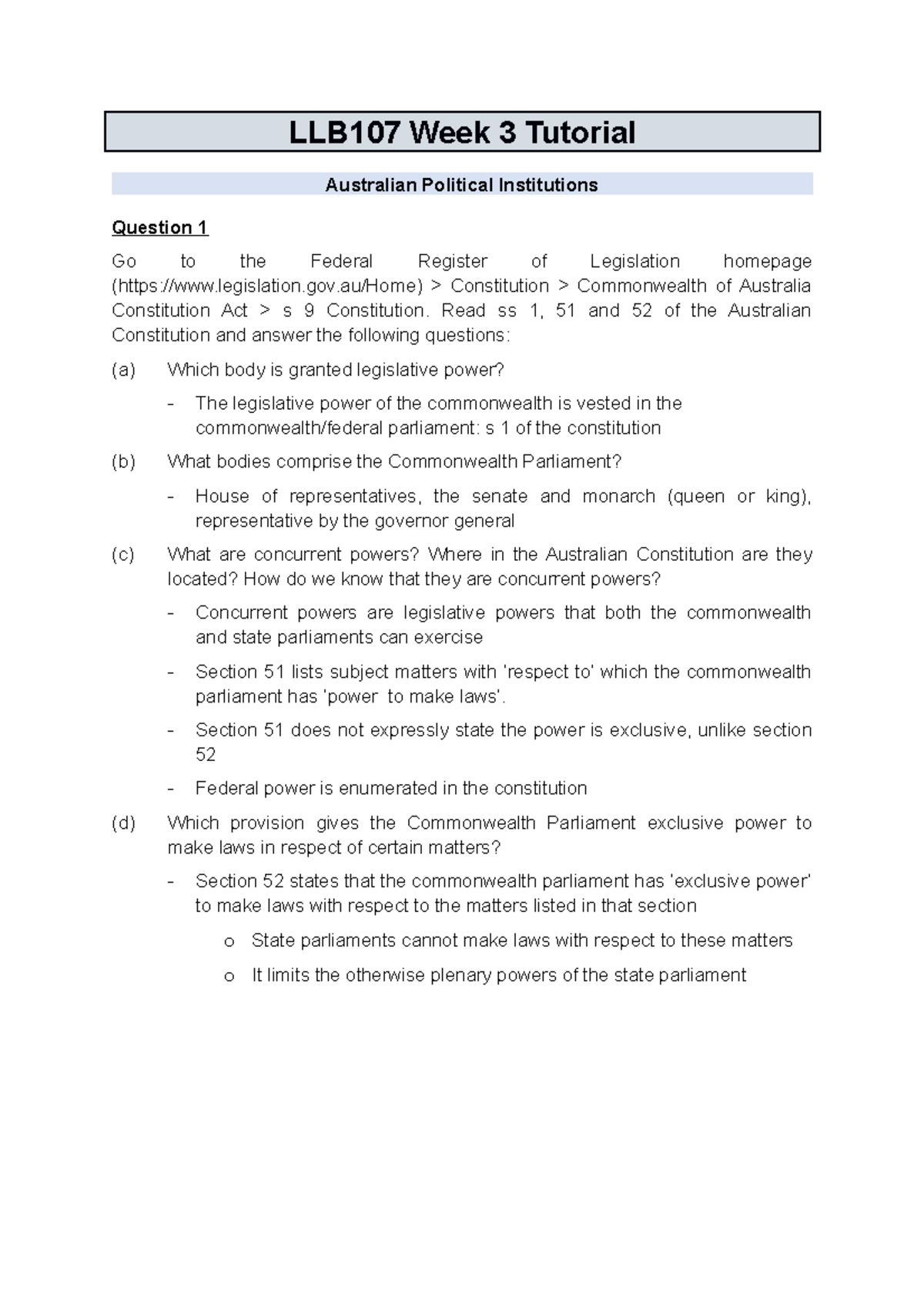 Week 3 - Tutorial 2 - LLB107 Week 3 Tutorial Australian Political Institutions Question 1 Go to ...