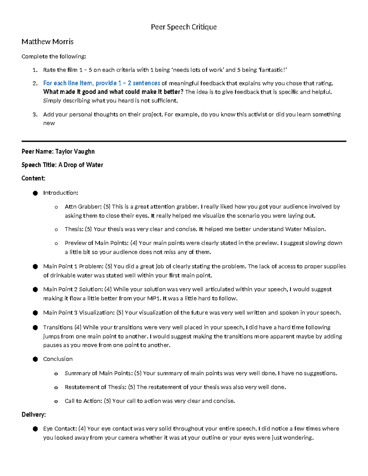Persuasive Peer - Peer Speech Critique Matthew Morris Complete the ...