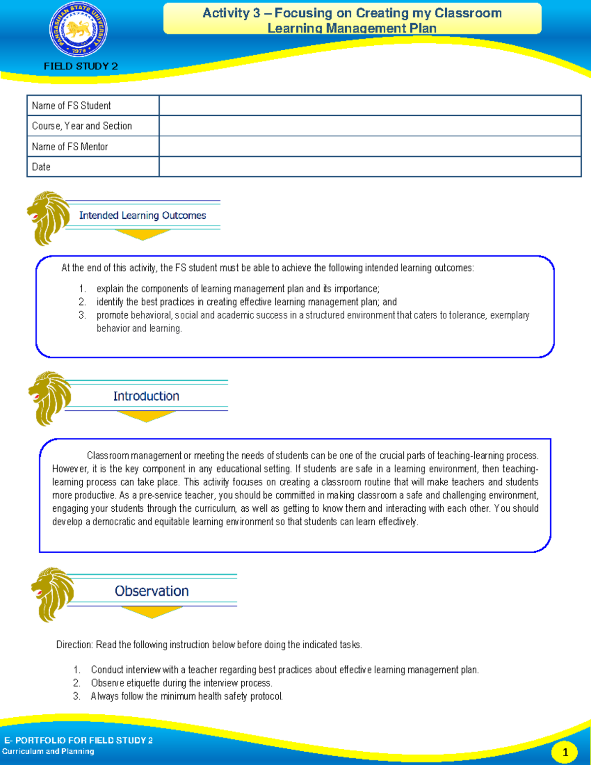 FS 2 Activity 3 - Hope it helps. - Learning Management Plan FIELD STUDY ...
