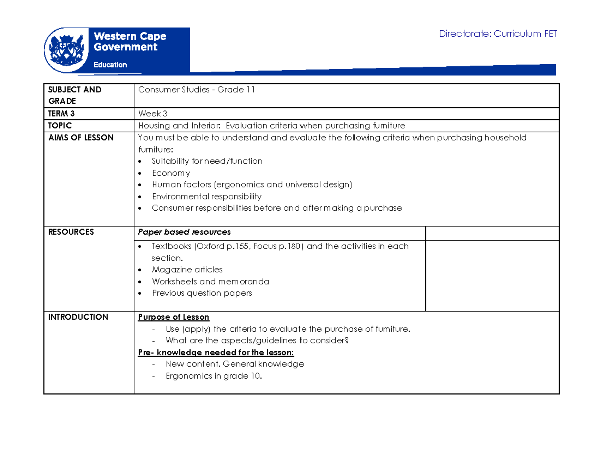 Consumer Studies Grade 11 Term 3 Week 3 2020 - Directorate: Curriculum ...