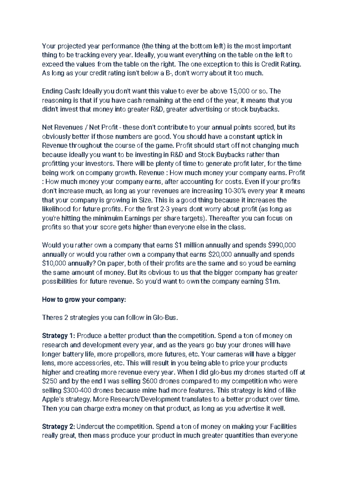 GLO-BUS Strategy - Your projected year performance (the thing at the ...