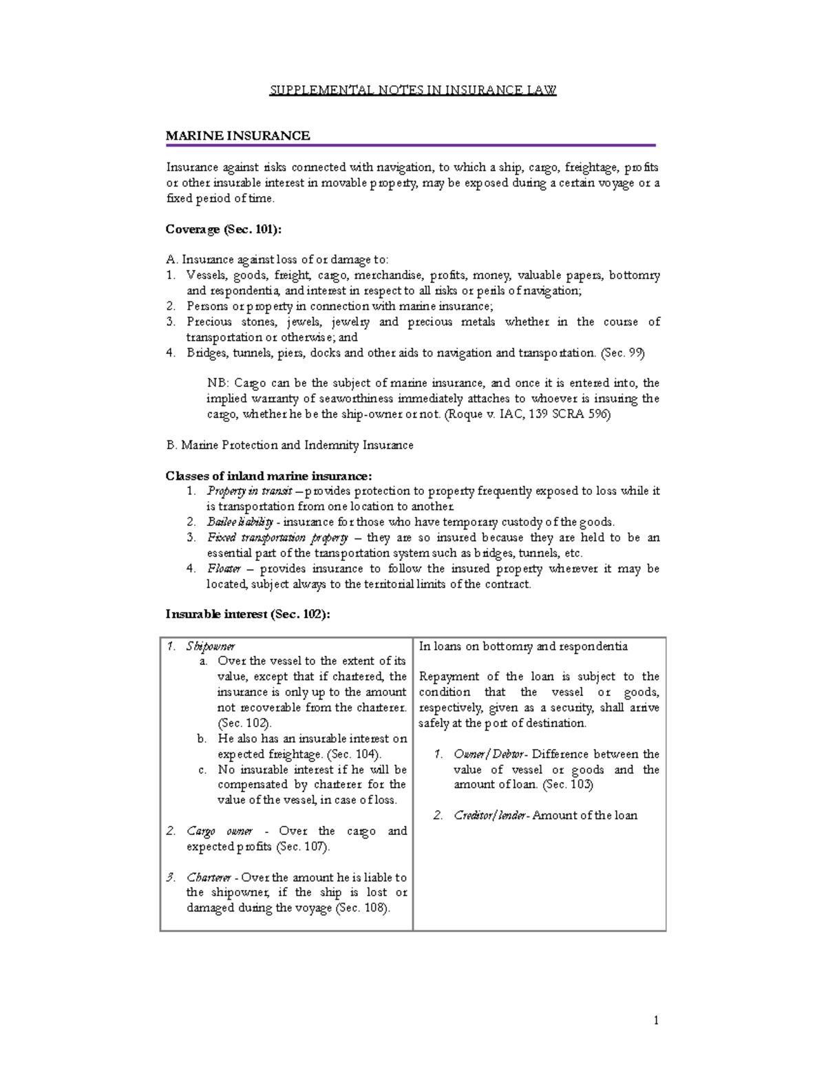 Insurance Law Supplemental Notes - SUPPLEMENTAL NOTES IN INSURANCE LAW ...