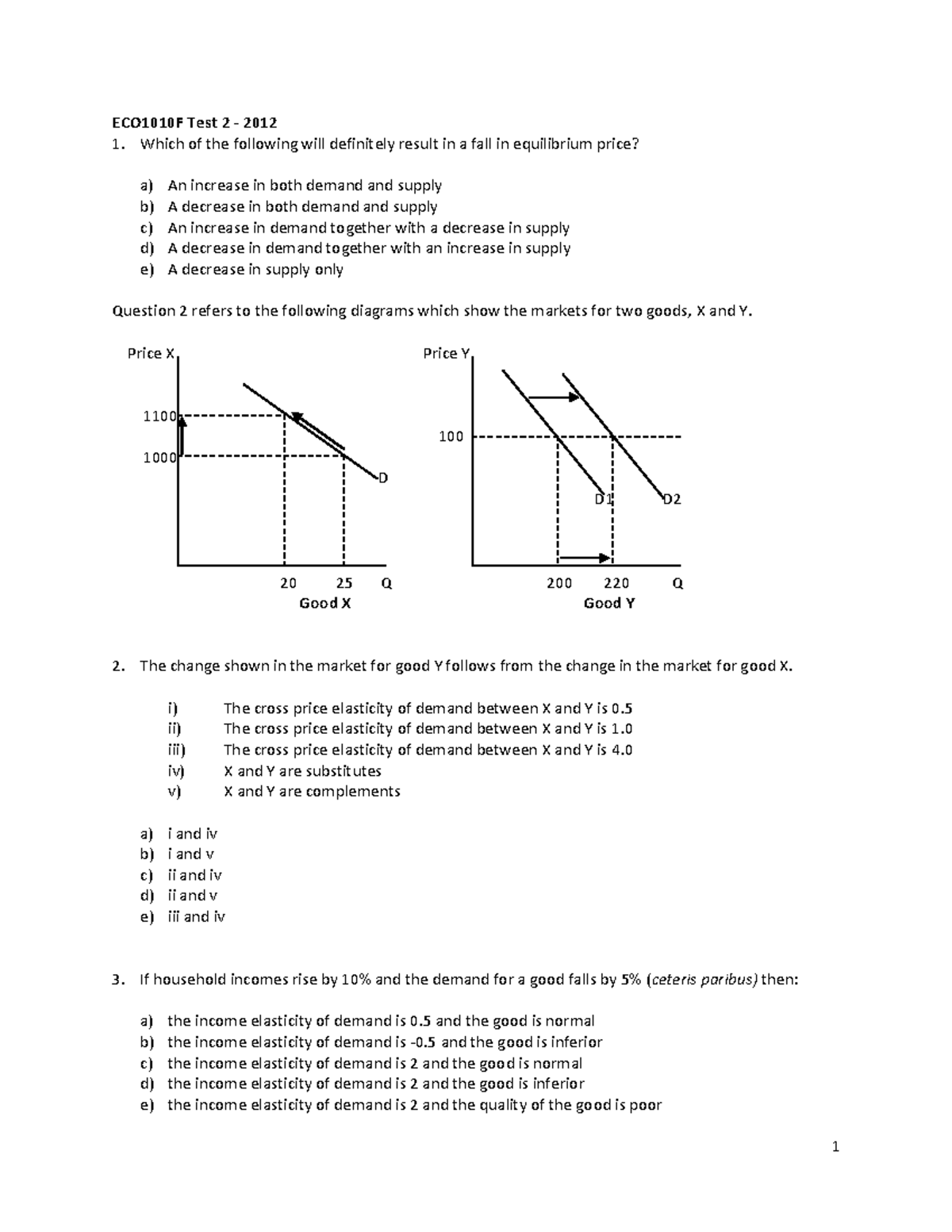 ECO1010F Test 2 2012 - ECO1010F Test 2 - 2012 Which of the following ...