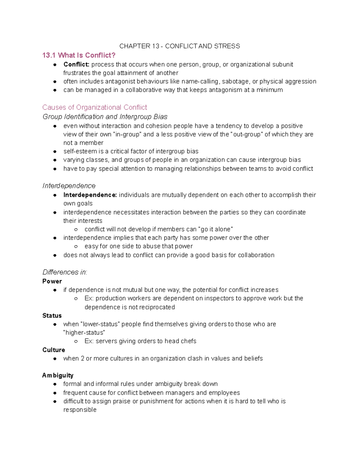 Chapter 13 - Conflict AND Stress Notes - CHAPTER 13 - CONFLICT AND ...