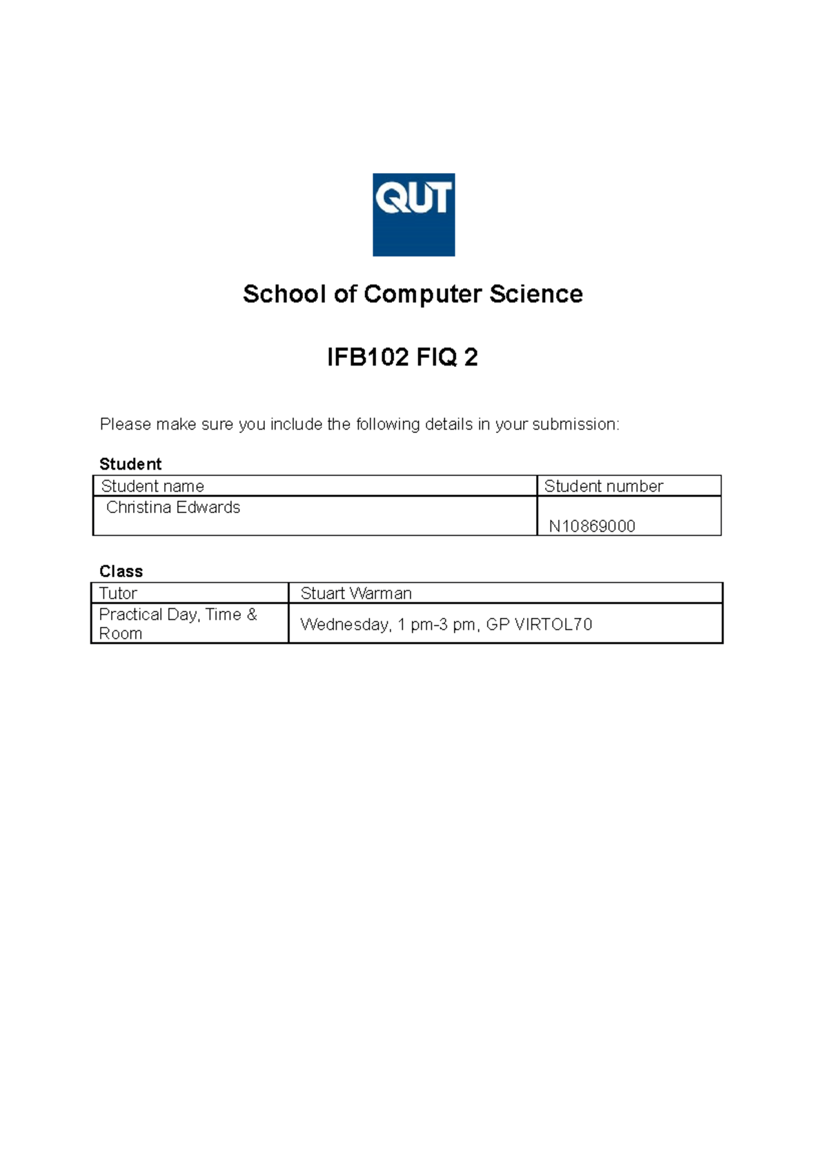 FIQ - Weekly questions - School of Computer Science IFB102 FIQ 2 Please ...