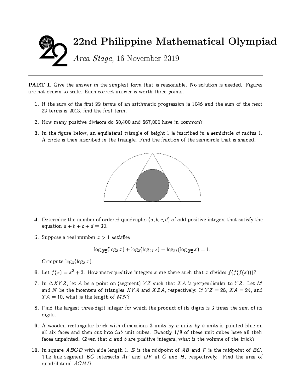 22nd PMO Area Stage with solutions - 22nd Philippine Mathematical ...