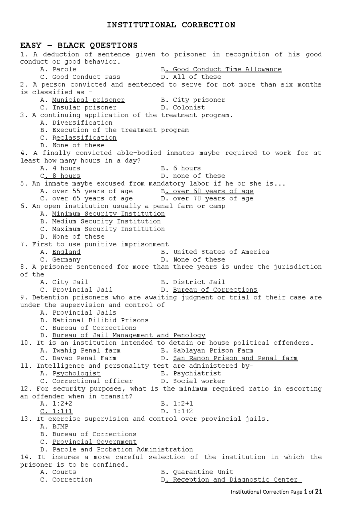 Copy of Institutional- Correctional-K - EASY – BLACK QUESTIONS 1. A ...