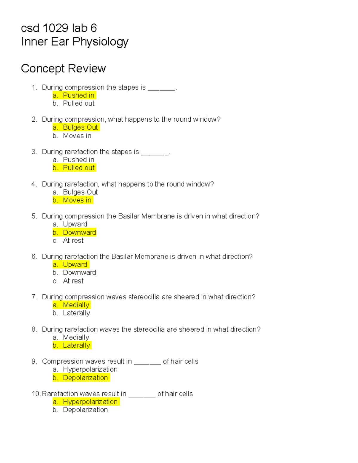 Lab 6 Inner Ear Physiology - csd 1029 lab 6 Inner Ear Physiology ...
