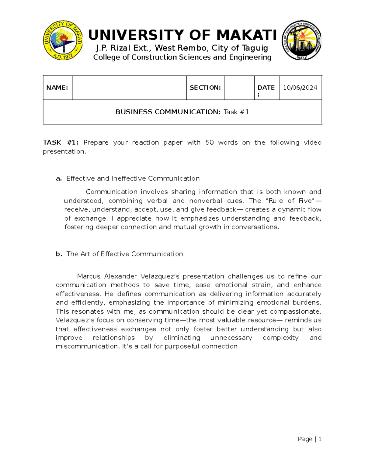 [ Buscom] TASK #1 - Buscom Task 1 - UNIVERSITY OF MAKATI J. Rizal Ext., West Rembo, City of ...
