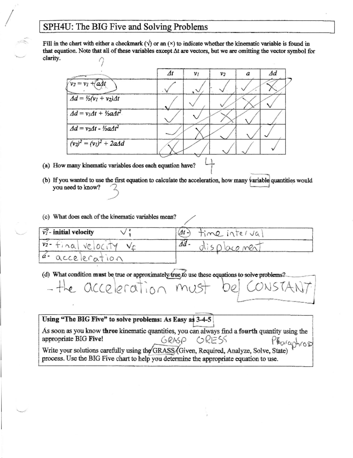 Big 5 Lesson - notes - SPH4U: The BIG Five and Solving Problems Fill in ...