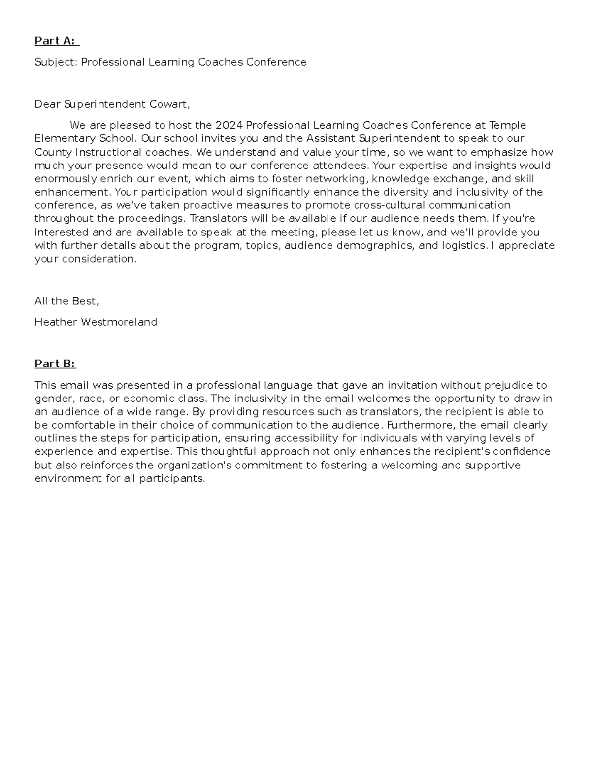 D0270 Task 1 Westmoreland Heather - Part A: Subject: Professional ...