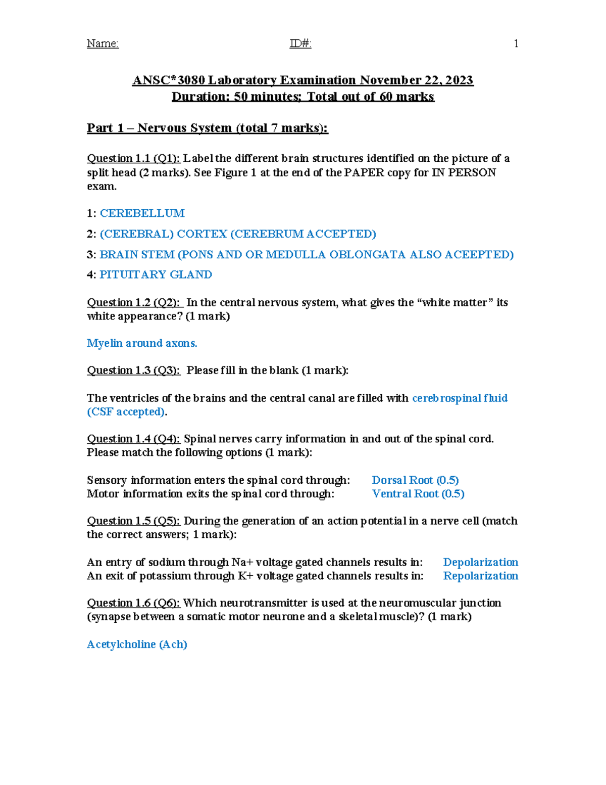 Lab Exam 2023 answer keys - ANSC*3080 Laboratory Examination November ...