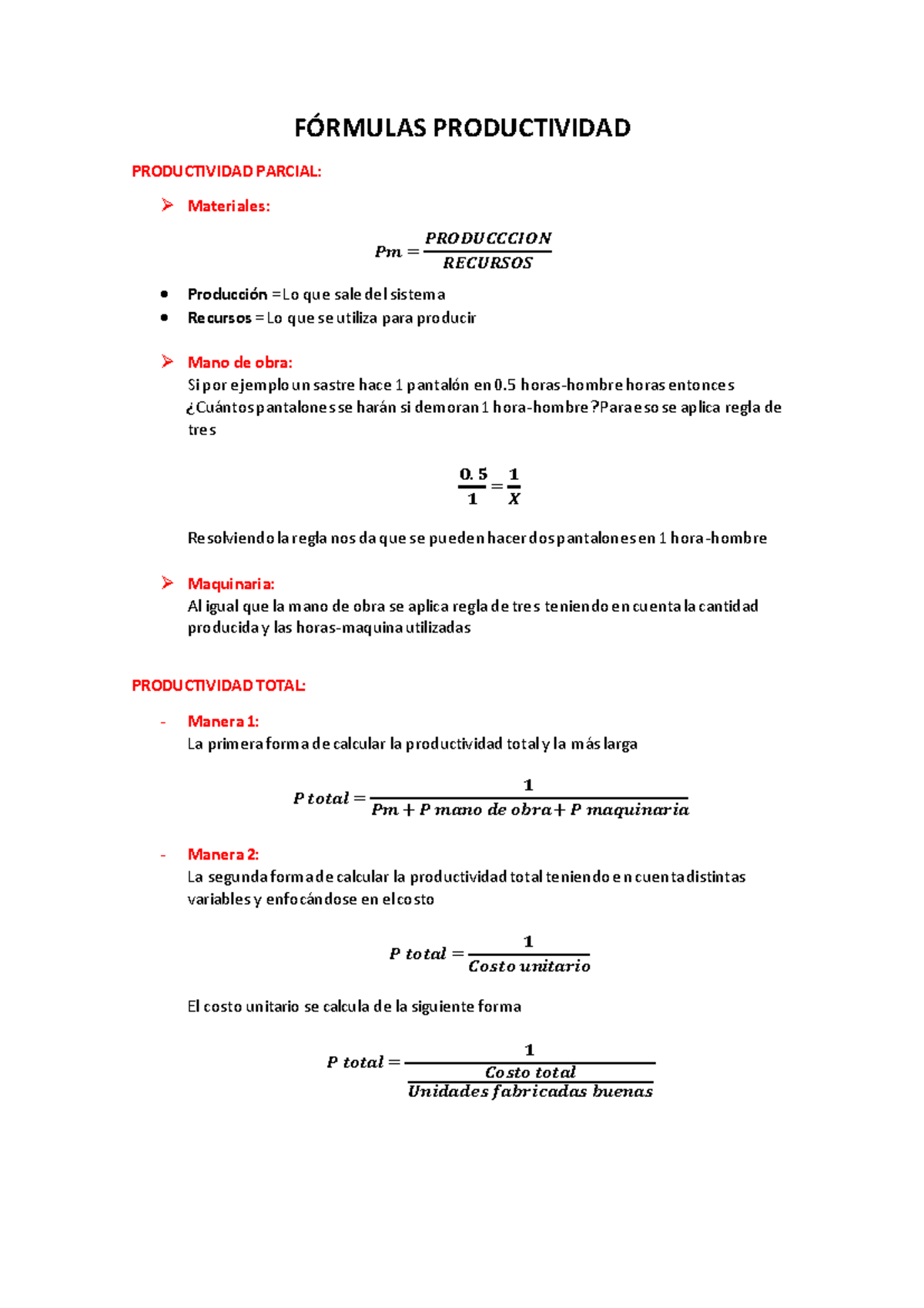 Fórmulas Productividad - FÓRMULAS PRODUCTIVIDAD PRODUCTIVIDAD PARCIAL ...