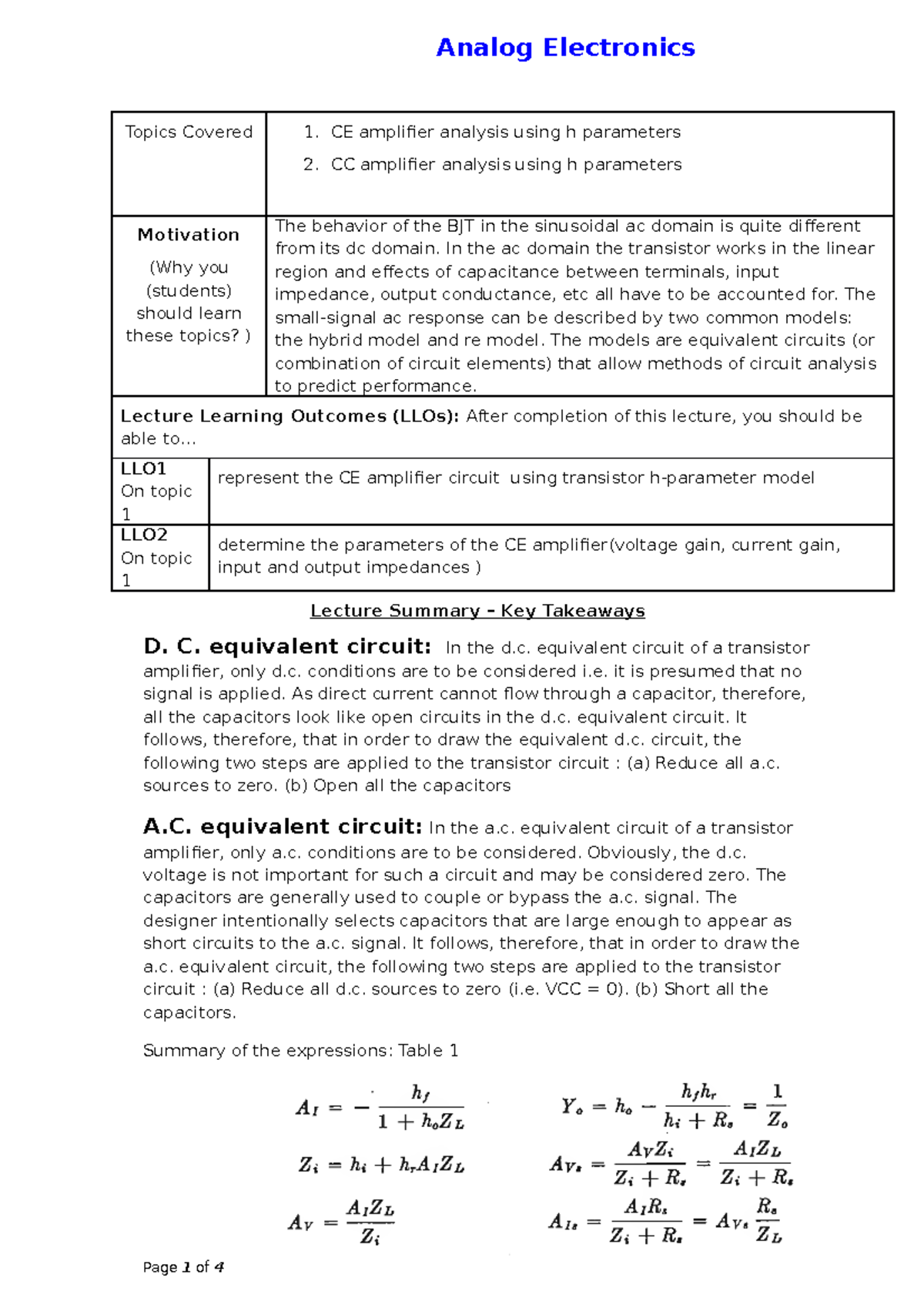 CC amplifier analysis using h parameters - Topics Covered 1. CE ...