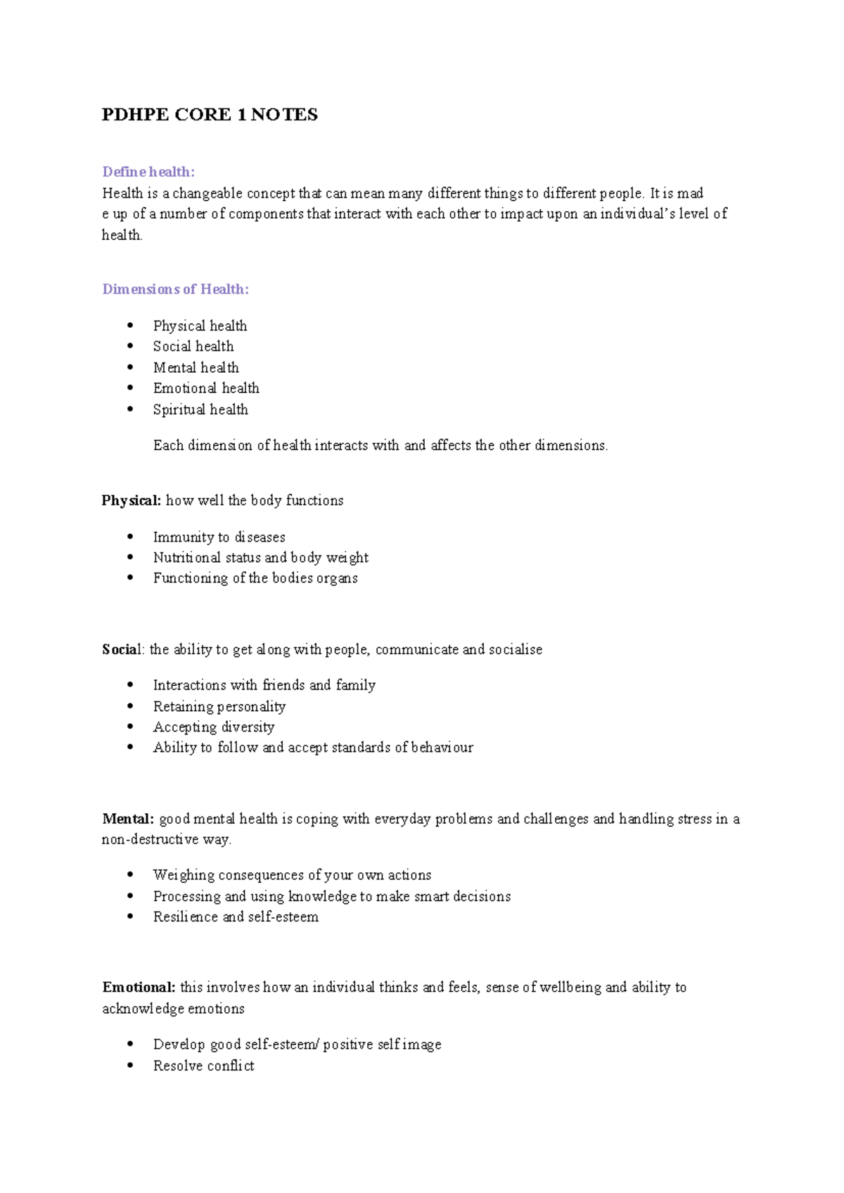 Pdhpe core 1 notes - PDHPE CORE 1 NOTES Define health: Health is a ...