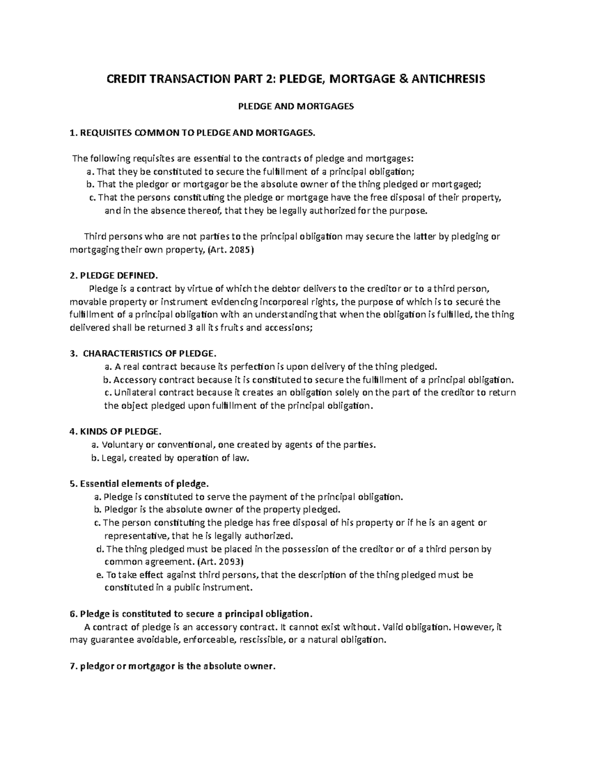 Credit Transactions- Pledge Mortgage Antichresis - CREDIT TRANSACTION ...