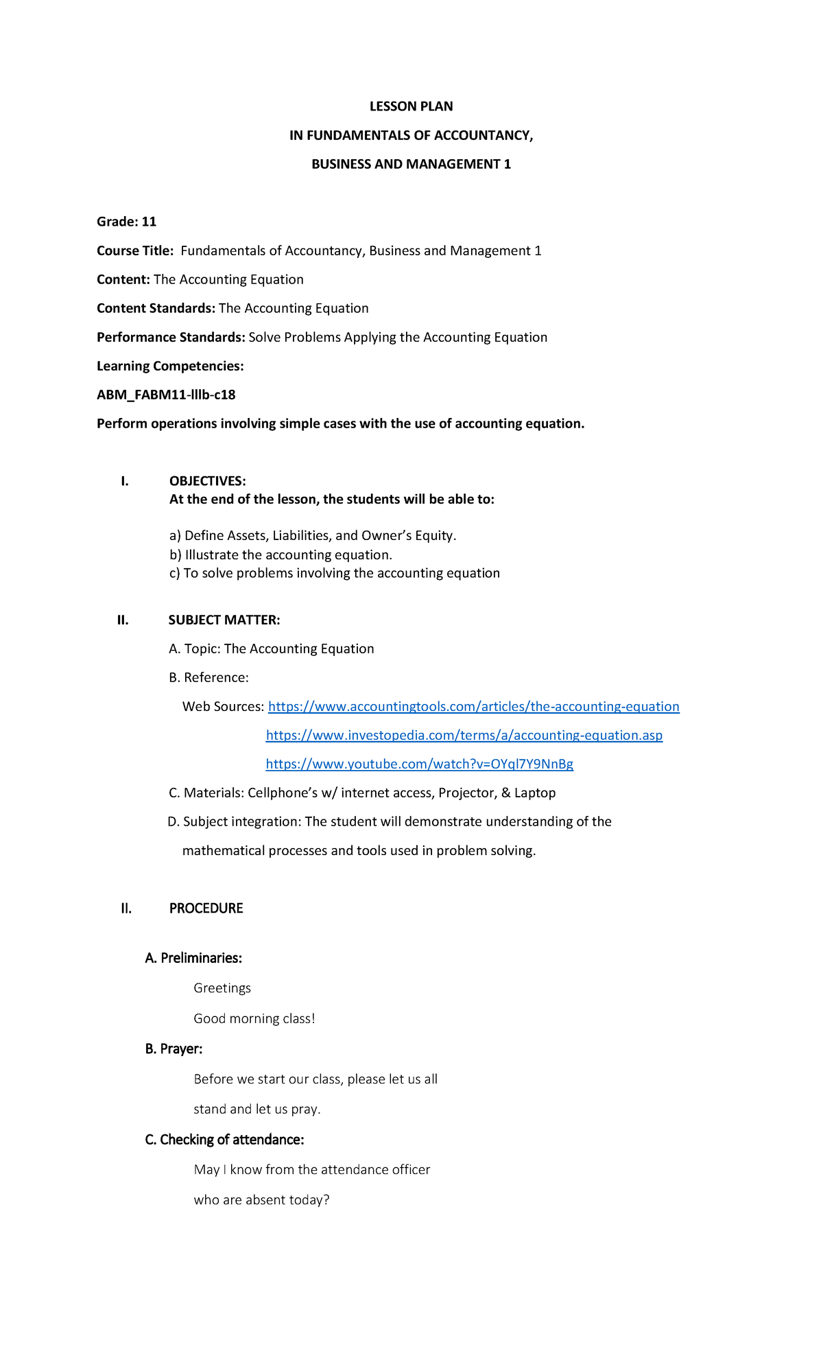 ABM- Lesson Plan - LESSON PLAN IN FUNDAMENTALS OF ACCOUNTANCY, BUSINESS ...