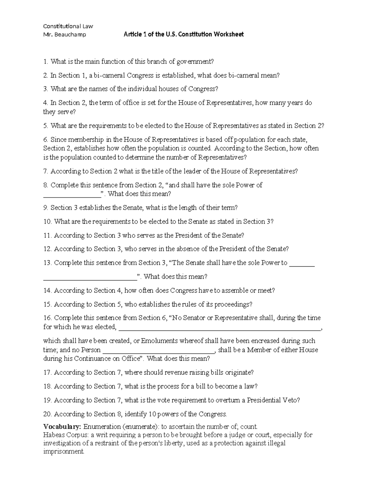 Article 1 Worksheet - Constitutional Law Mr. Beauchamp Article 1 of the ...