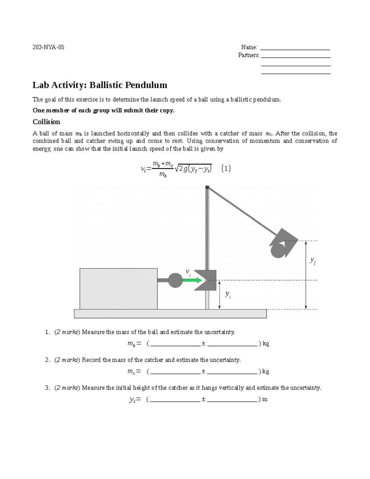 Lab activity 8-ballistic pendulum - 203-NYA-05 Name ...