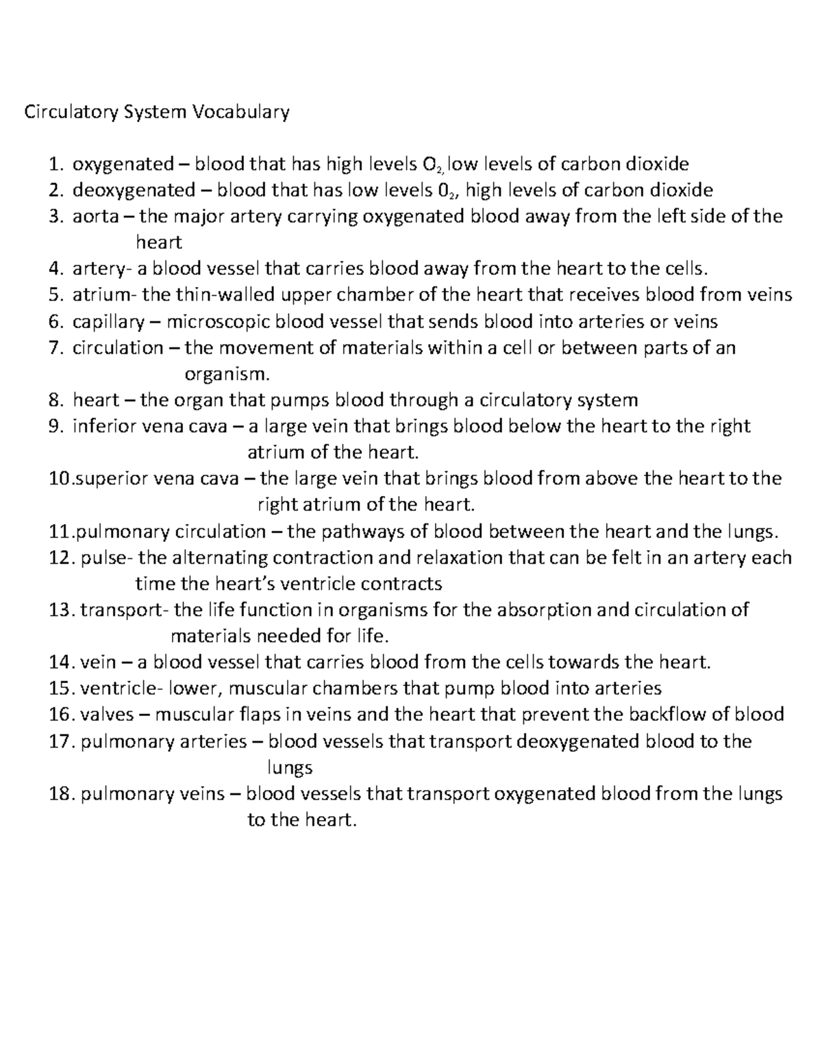 Circulatory System Vocabulary - oxygenated – blood that has high levels ...