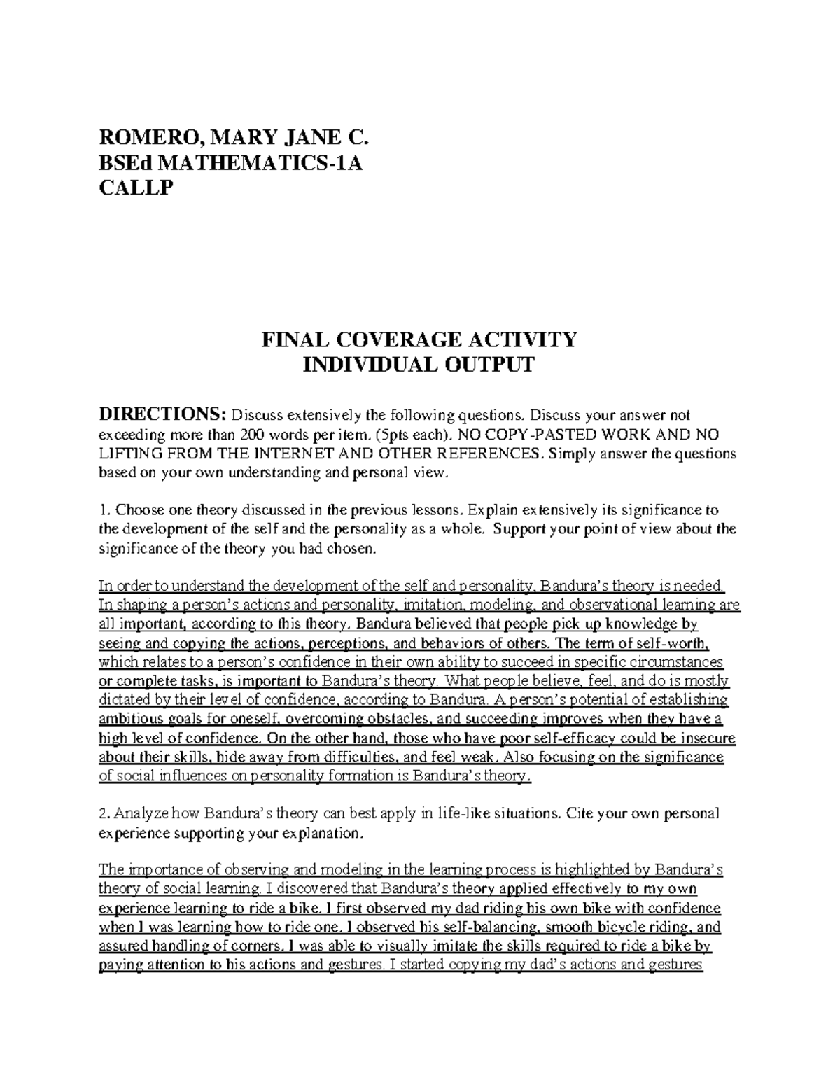 Final Coverage Activity Theories - ROMERO, MARY JANE C. BSEd MATHEMATICS-1A CALLP FINAL COVERAGE ...