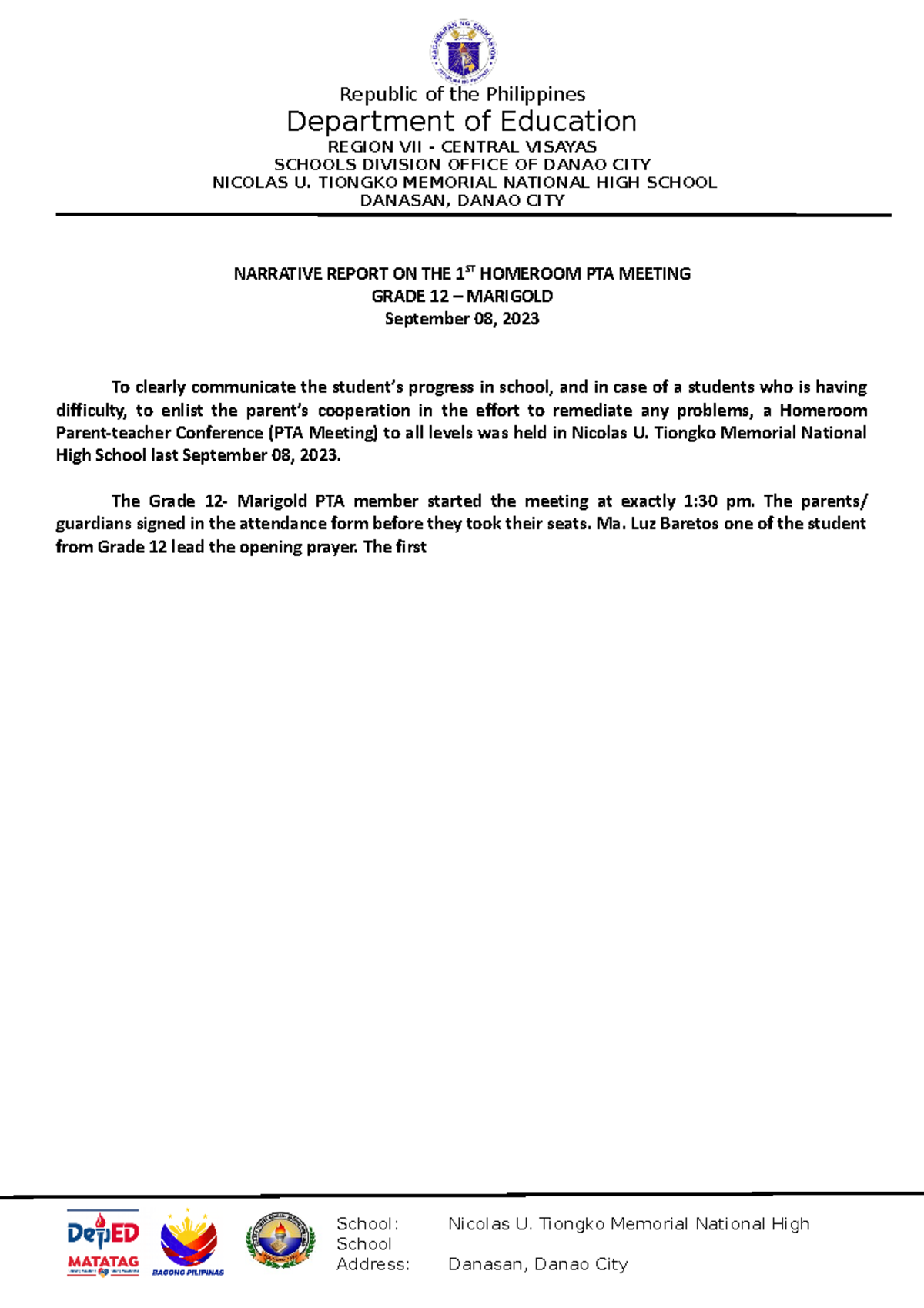 Narrative report on PTA meeting - Republic of the Philippines ...