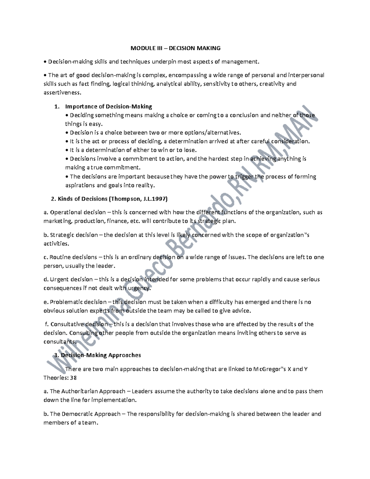 Module III Decision Making 1st year college - MODULE III – DECISION ...