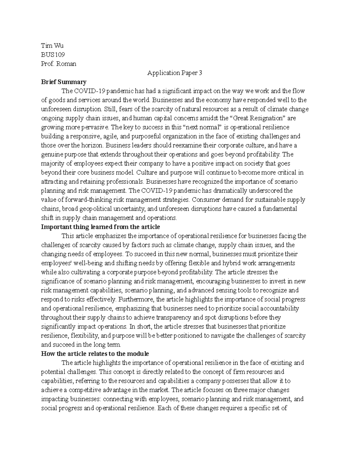 Application Paper 3 - Tim Wu BUS Prof. Roman Application Paper 3 Brief ...