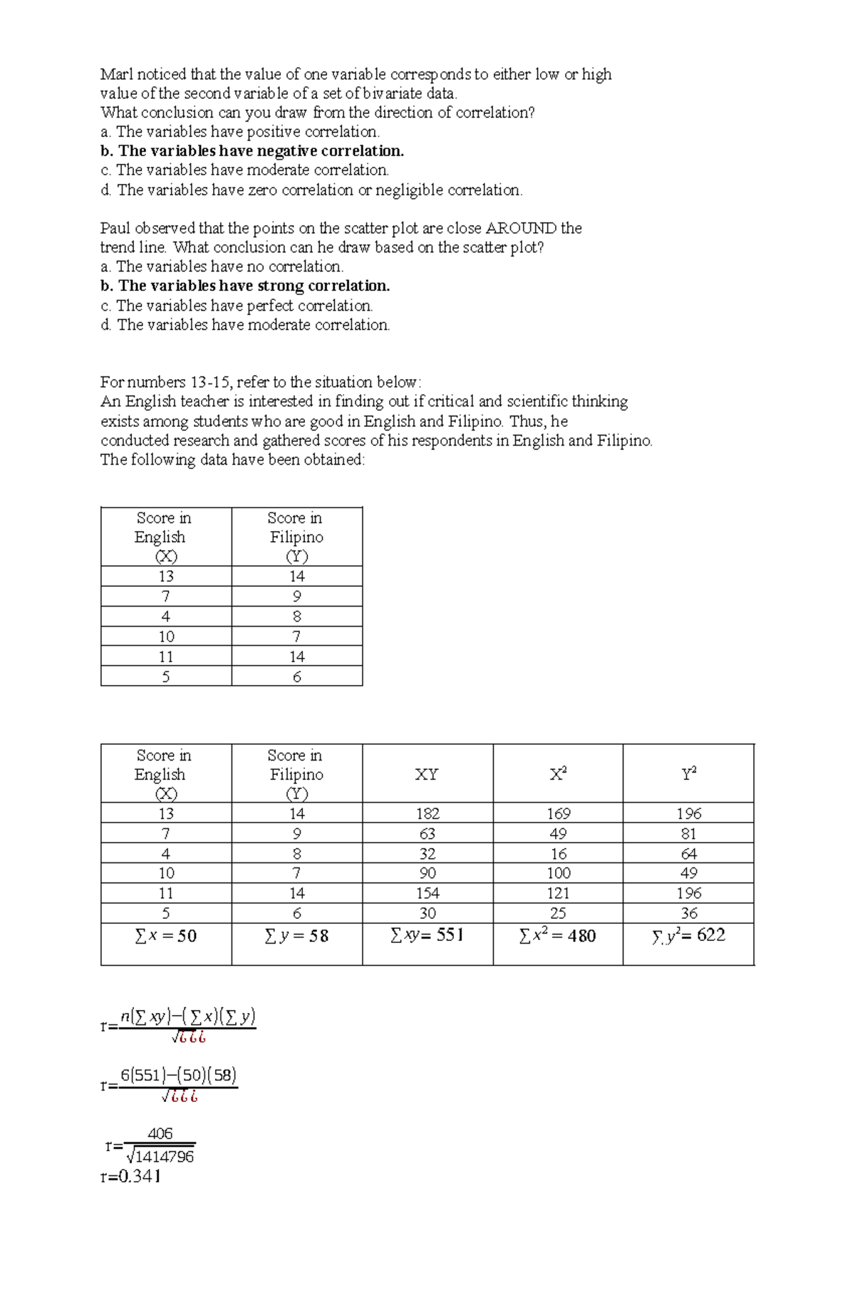 Stats Problem - fyuijk - Marl noticed that the value of one variable ...
