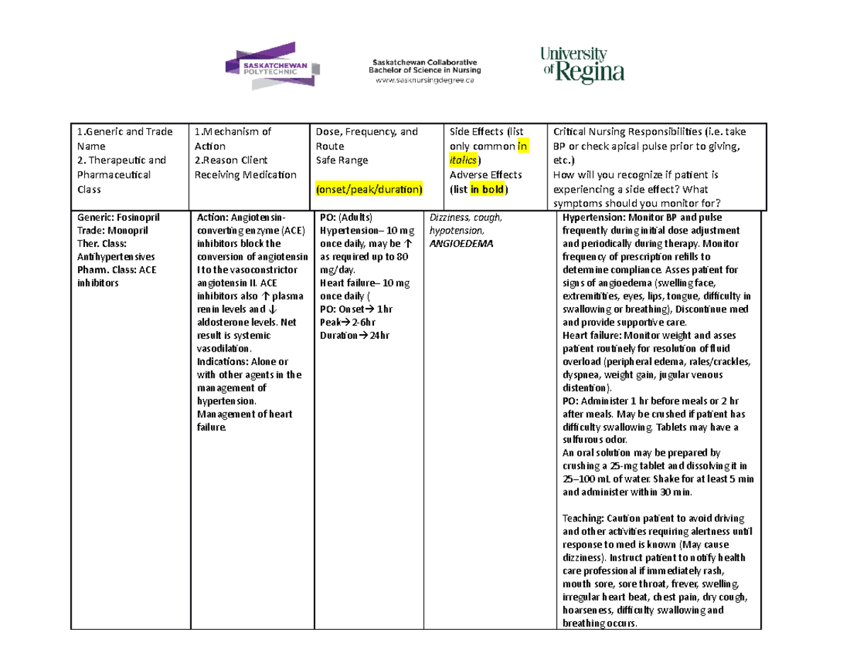 Fosinopril Monopril - Janelle Peet is the professor - 1 and Trade Name ...