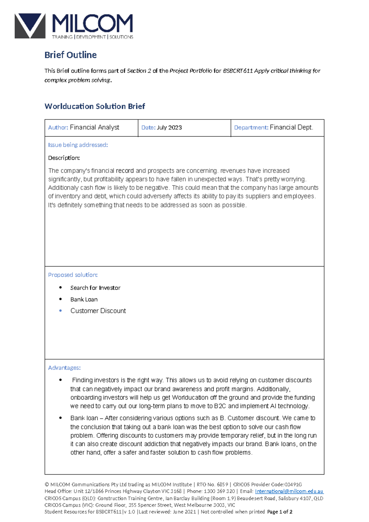 Bsbcrt 611 Bsbcrt 611 Brief Outline - Brief Outline This Brief outline ...
