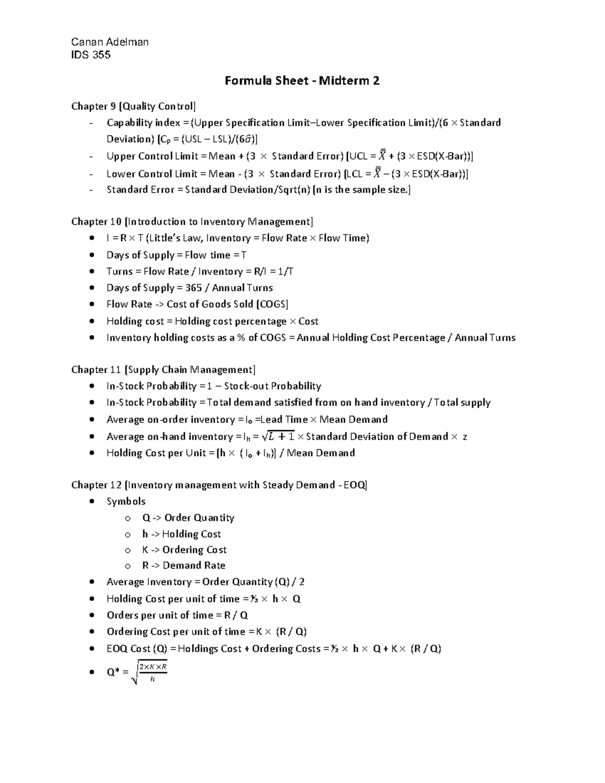 Formulas Midterm 2 - Canan Adelman IDS 355 Formula Sheet - Midterm 2 ...