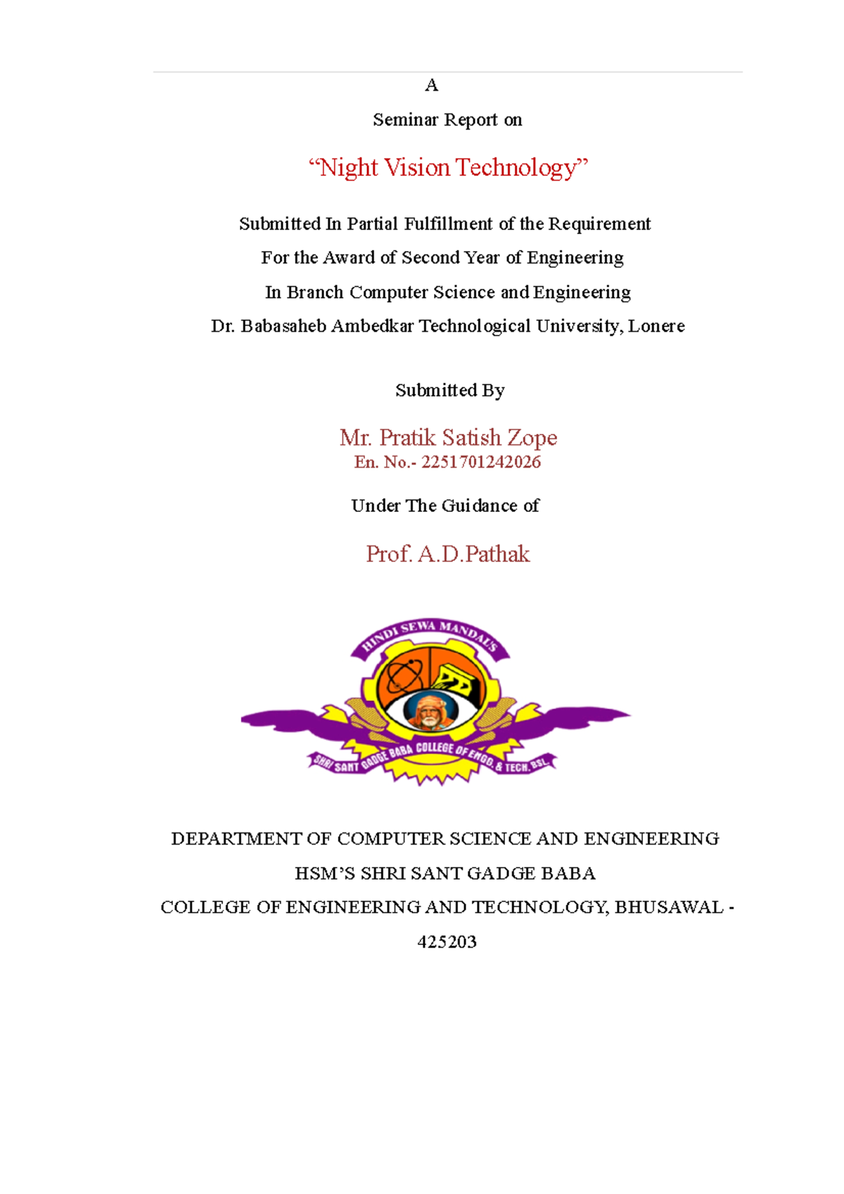 Sm R-4 - A Seminar Report on “Night Vision Technology” Submitted In ...