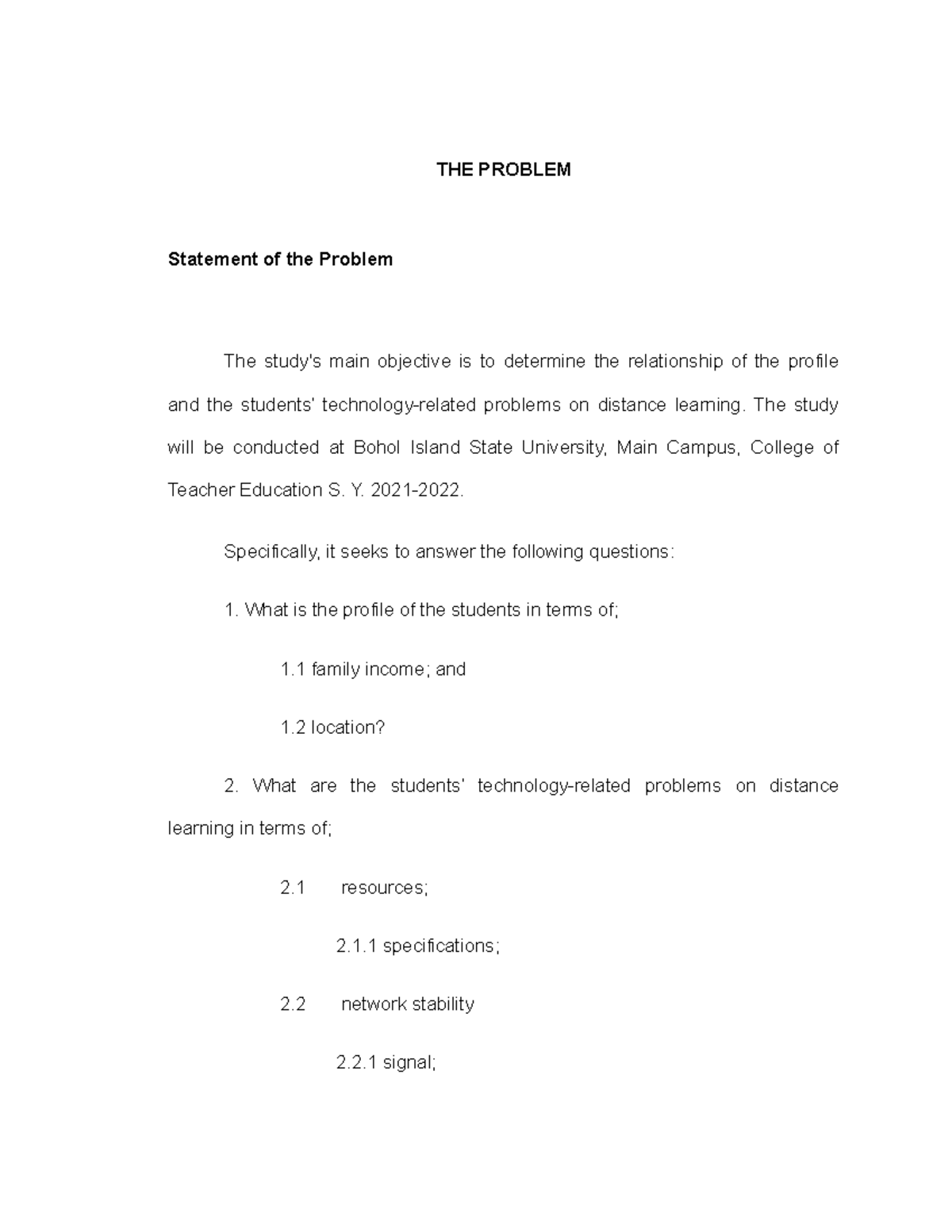Actual data gathering table without interpretation - THE PROBLEM ...